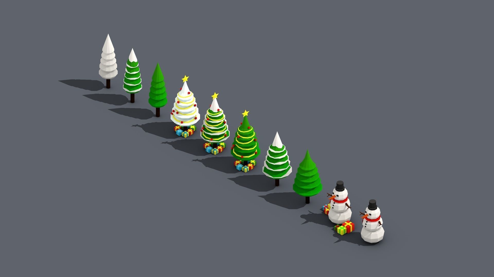 3D model Low Poly Christmas Tree And Snowmen Gift Isometric VR / AR ...