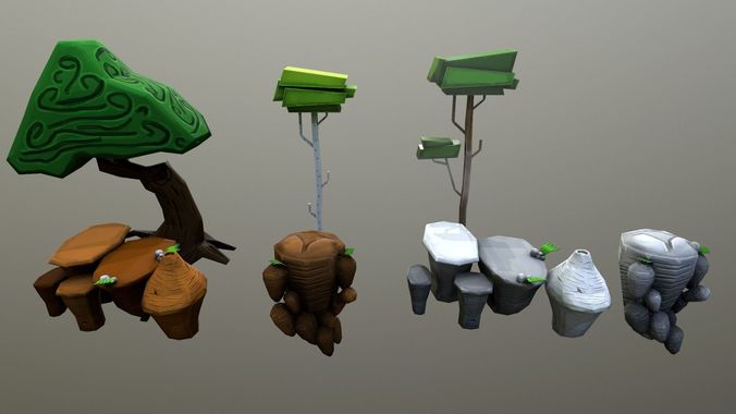 3D model Stylized Modular Trees and Rocks VR / AR / low-poly | CGTrader