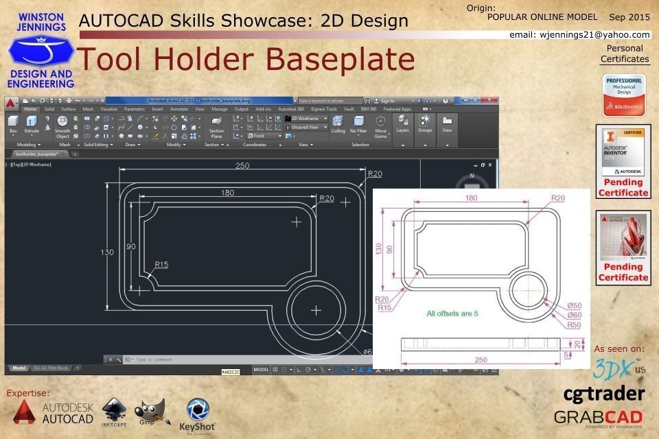 AUTOCAD Skills Showcase - Tool Holder Baseplate free 3D model | CGTrader