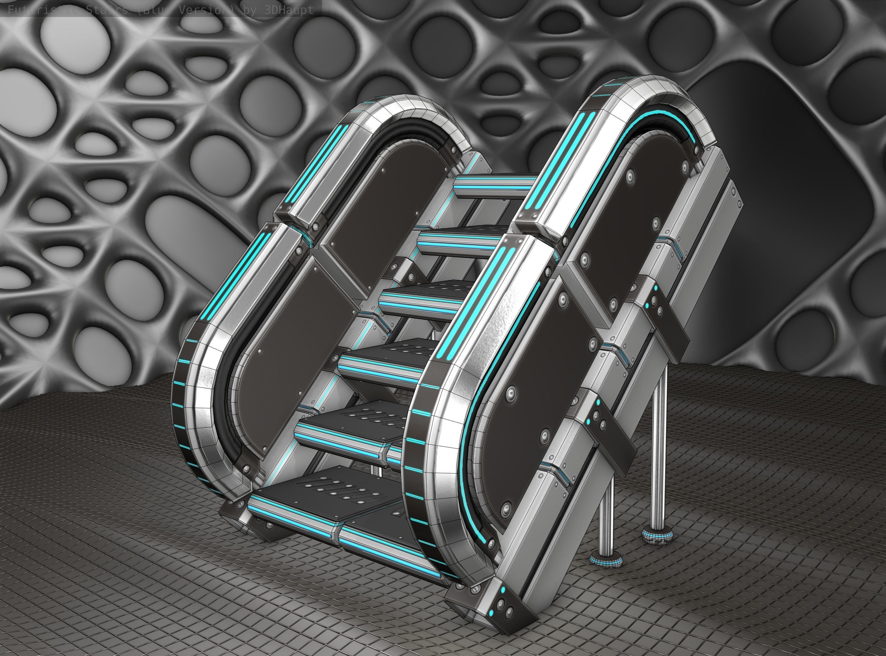 3D model Sci-Fi Stairs - 32- Silver Blue Neon Light Version VR / AR ...