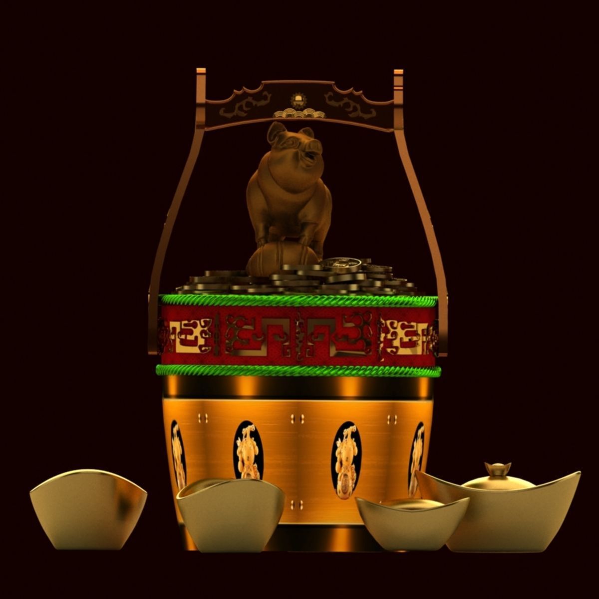 Chinese Gold Ingot bucket with Golden Pig 3D model | CGTrader