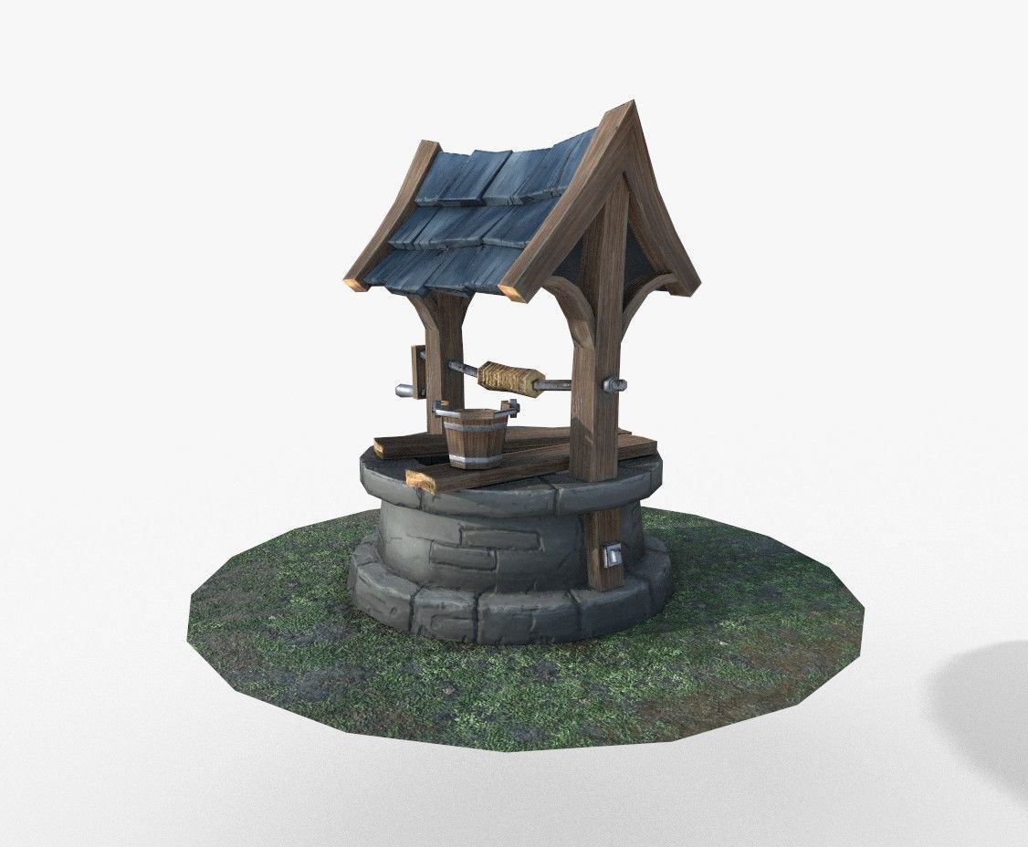 3D model Well low poly water in middle of grassy area VR / AR / low ...