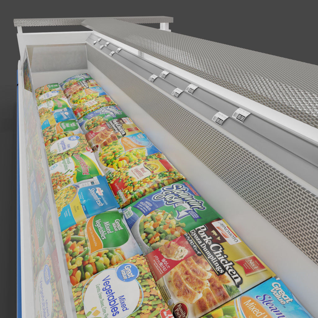 Store Floor Freezer refrigerator Store Display with frozen food 3D ...