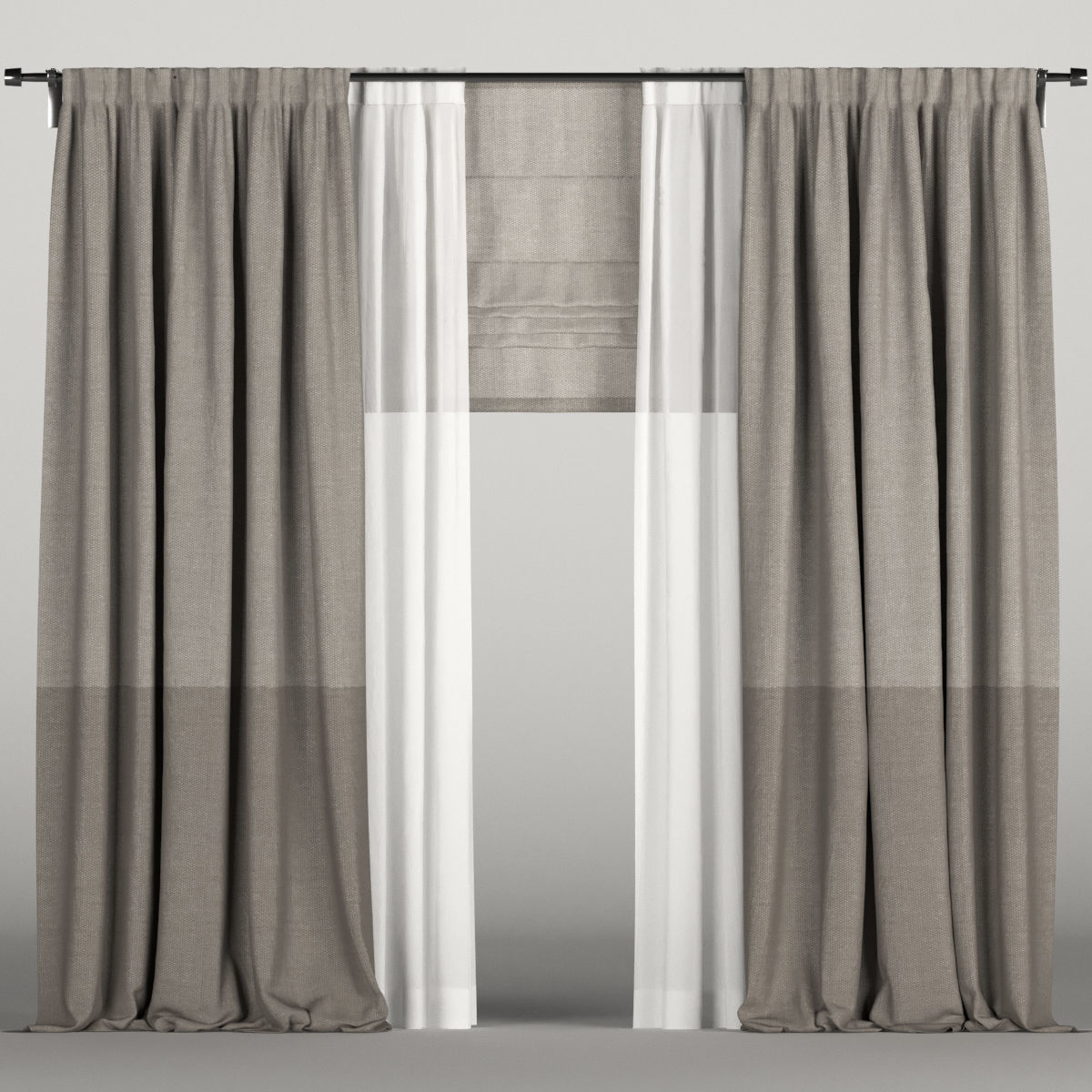 Brown curtains in two shades with roman blinds and tulle 3D model ...