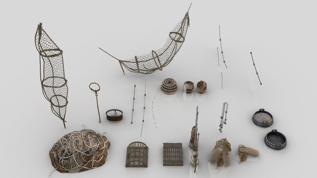 Collection of 24 Medieval Fishing Nets and Tools 3D model