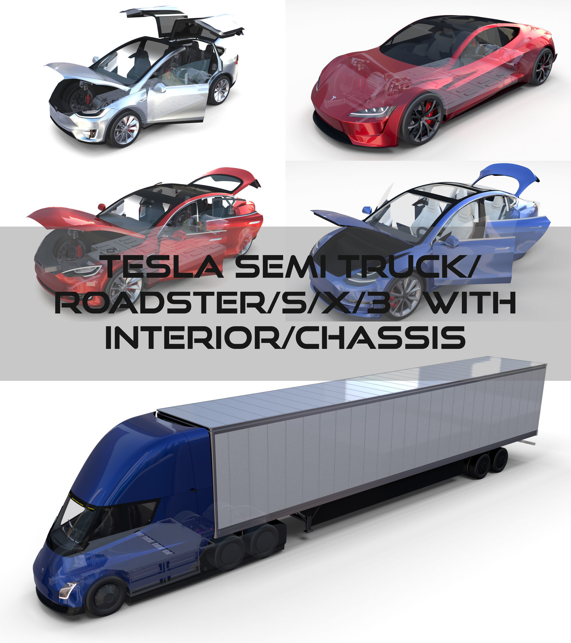 Tesla Pack Semi Roadster Model S X 3 with interiors and chassis 3D ...