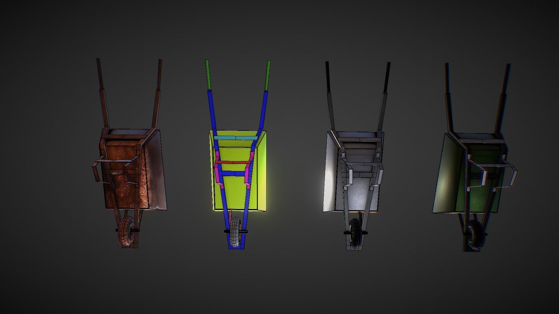 3D model Whellbarrow 3d low poly model different colored wheelbarrows ...