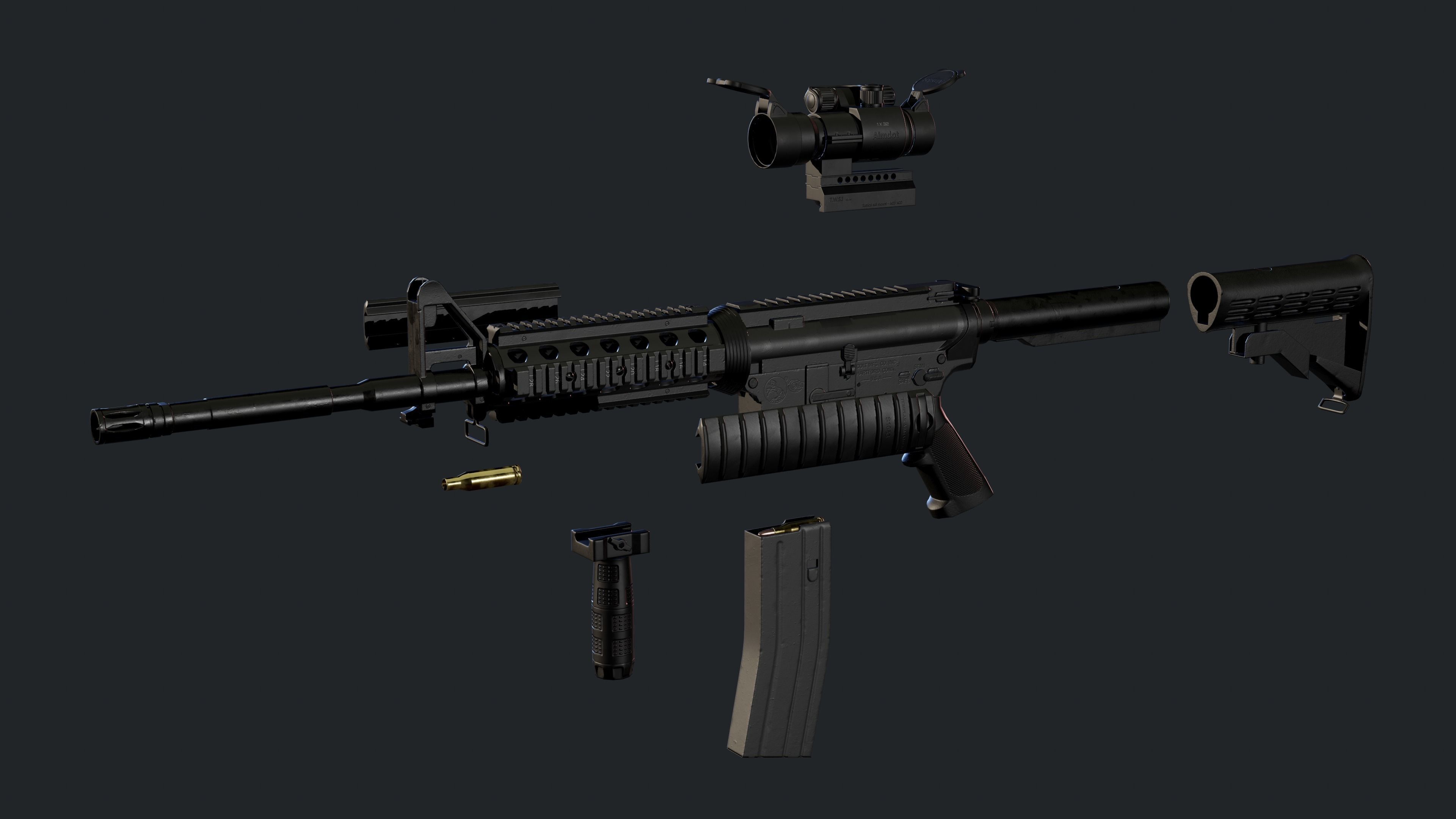 3D model M4A1 Carbine with attachments and red dot VR / AR / low-poly ...