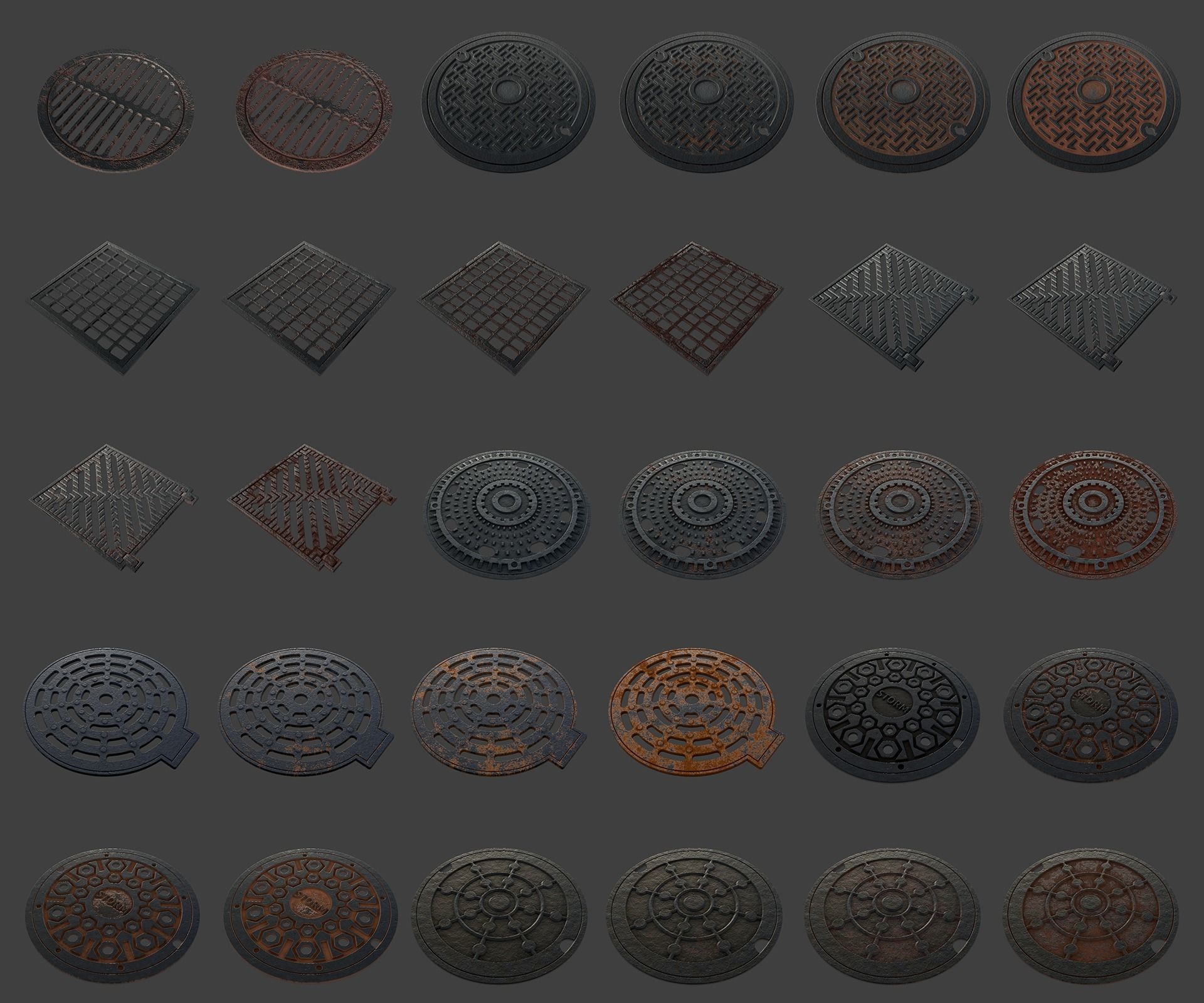 Texture Manhole-Sewer-Drain Covers 15 PBR Texture Set VR / AR / low ...