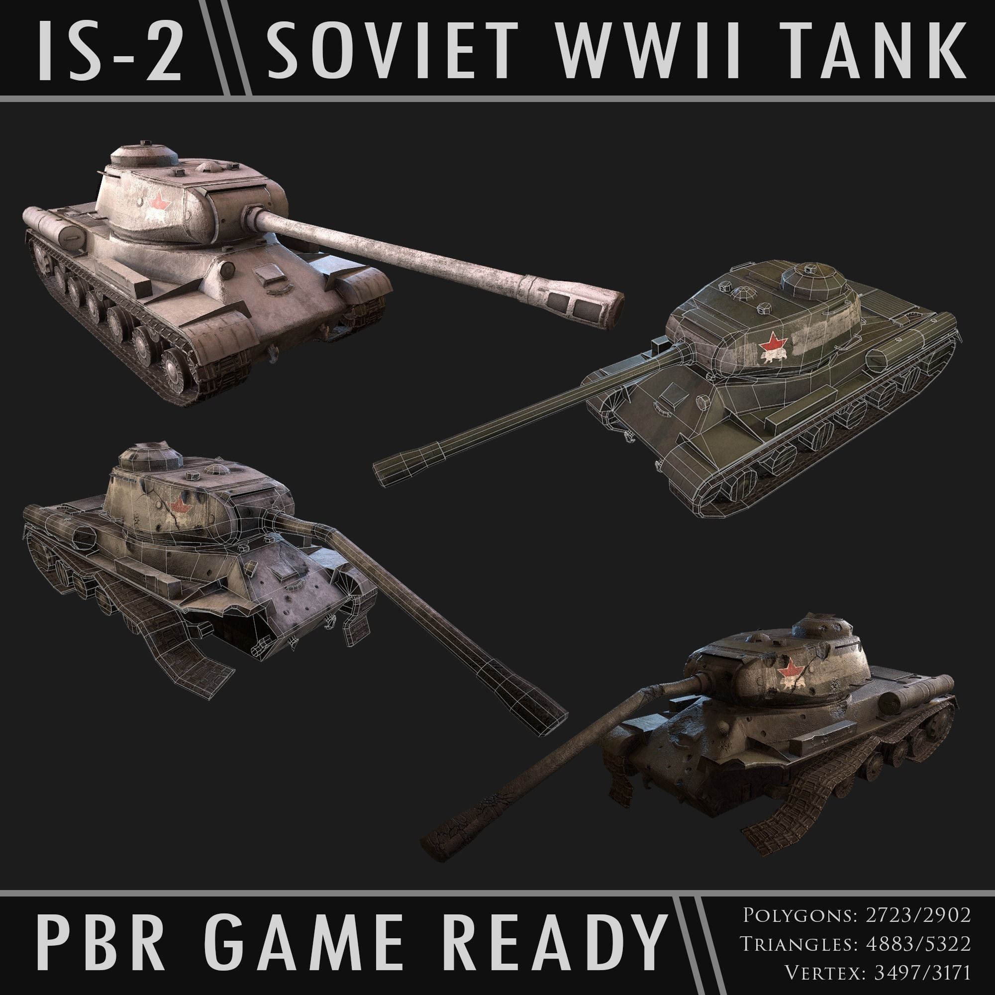 3D model IS2-2 Soviet PBR Unity Game Ready tank model VR / AR / low ...