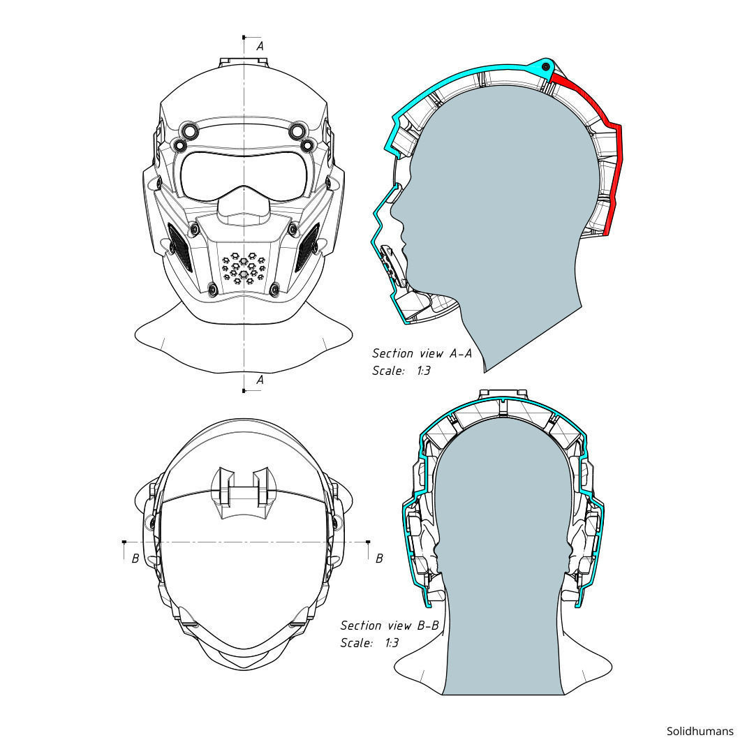 CAD-friendly models kit Helmet H1V1 and male head M1P1D0V1head 3D model ...