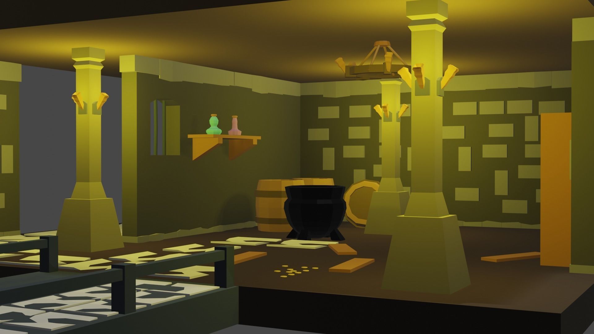 3D model low poly dungeon lego building with lights and furniture VR ...