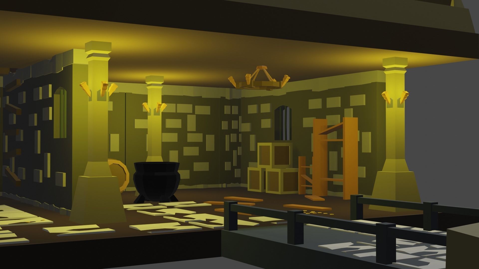 3D model low poly dungeon lego building with lights and furniture VR ...