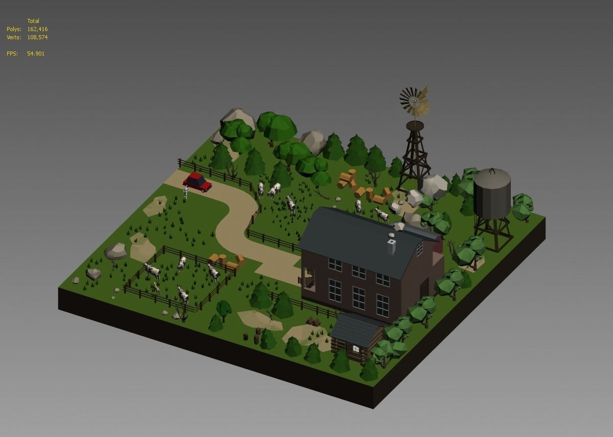 low poly farm with animals and trees 3D model | CGTrader