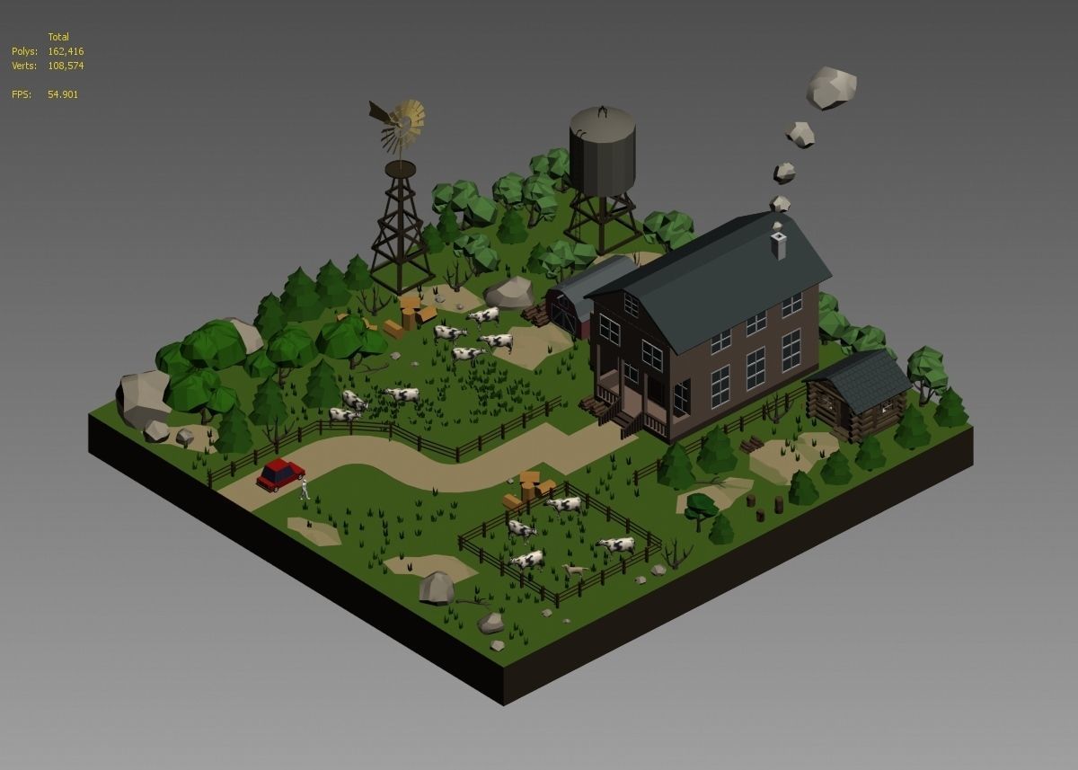 low poly farm with animals and trees 3D model | CGTrader
