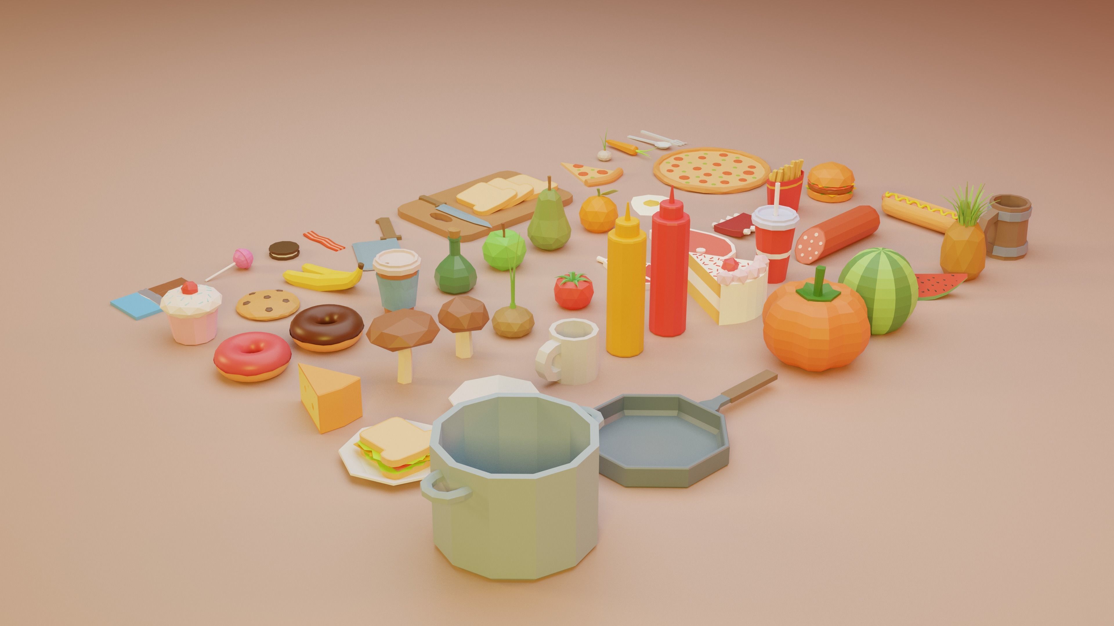 3D model Low Poly Fruits and Vegetables Food Collection VR / AR / low ...