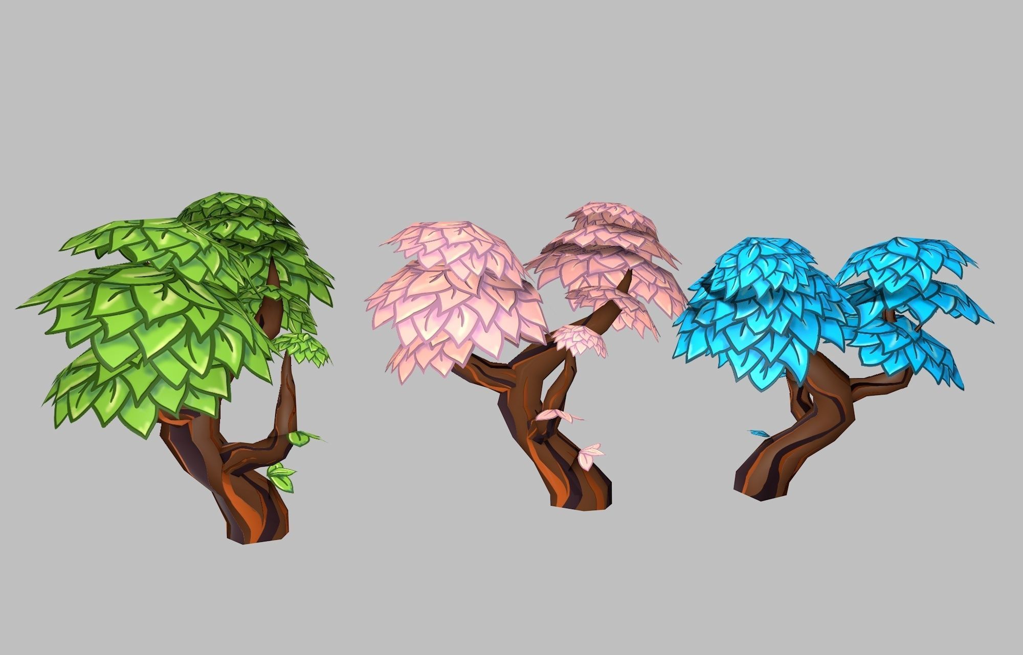 3D model Low poly hand painted stylized cartoon style tree set VR / AR ...