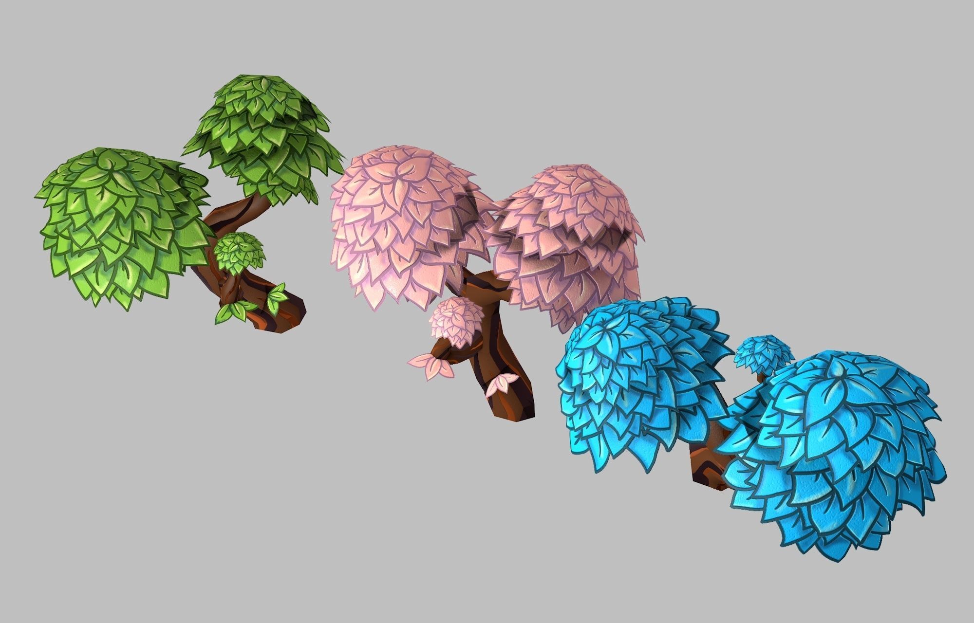 3D model Low poly hand painted stylized cartoon style tree set VR / AR ...