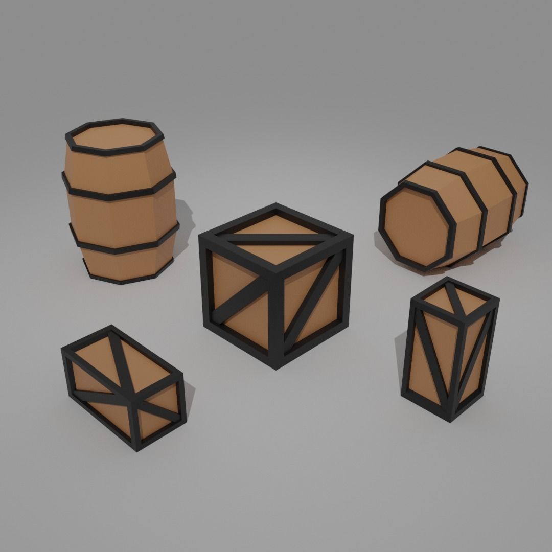 3D model realtime Low-Poly Boxes and Barrel Pack