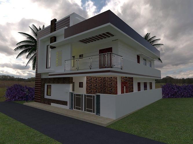 3d elevTION modern house with balconies and palm trees 3D model | CGTrader