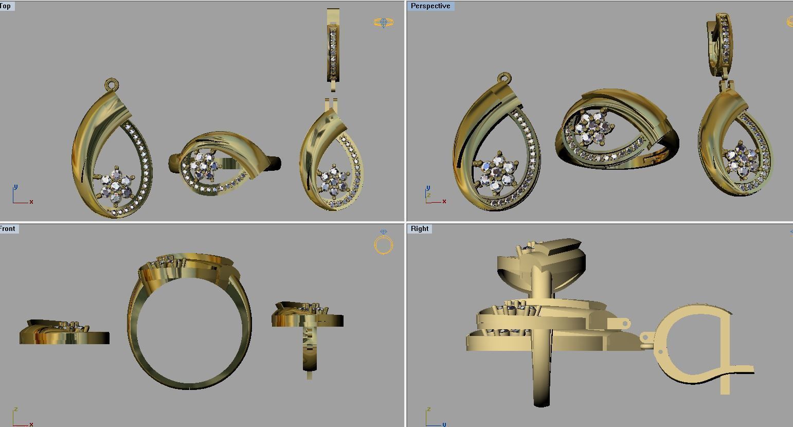 gold set ring and earrings with diamonds 3D model 3D printable | CGTrader