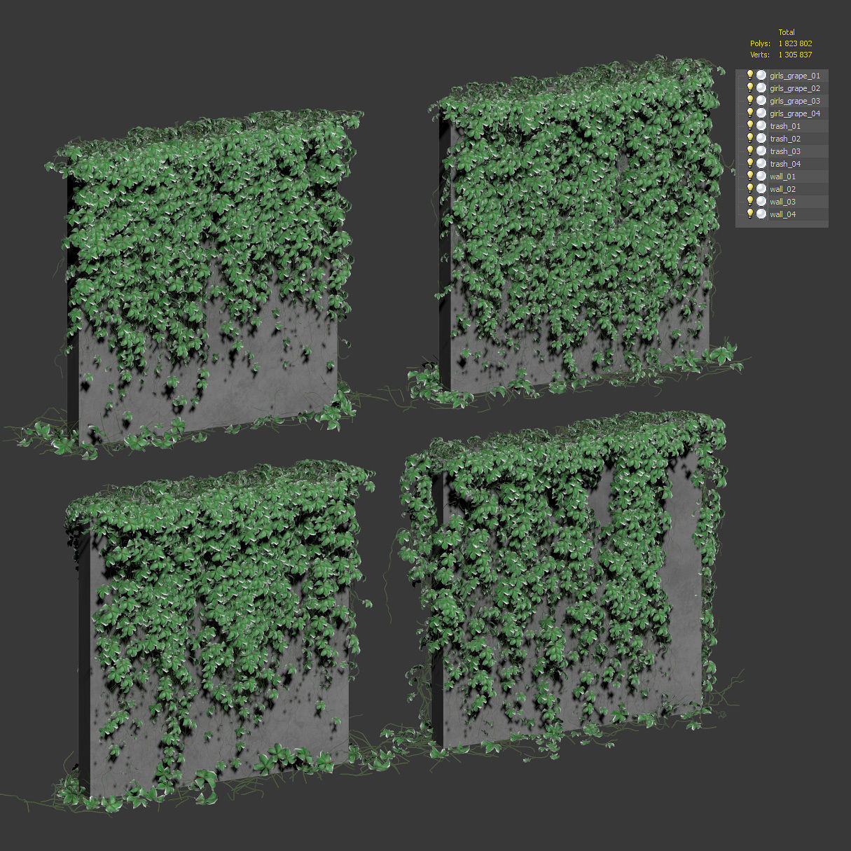 Wall with grape leaves - 4 models 3D model | CGTrader