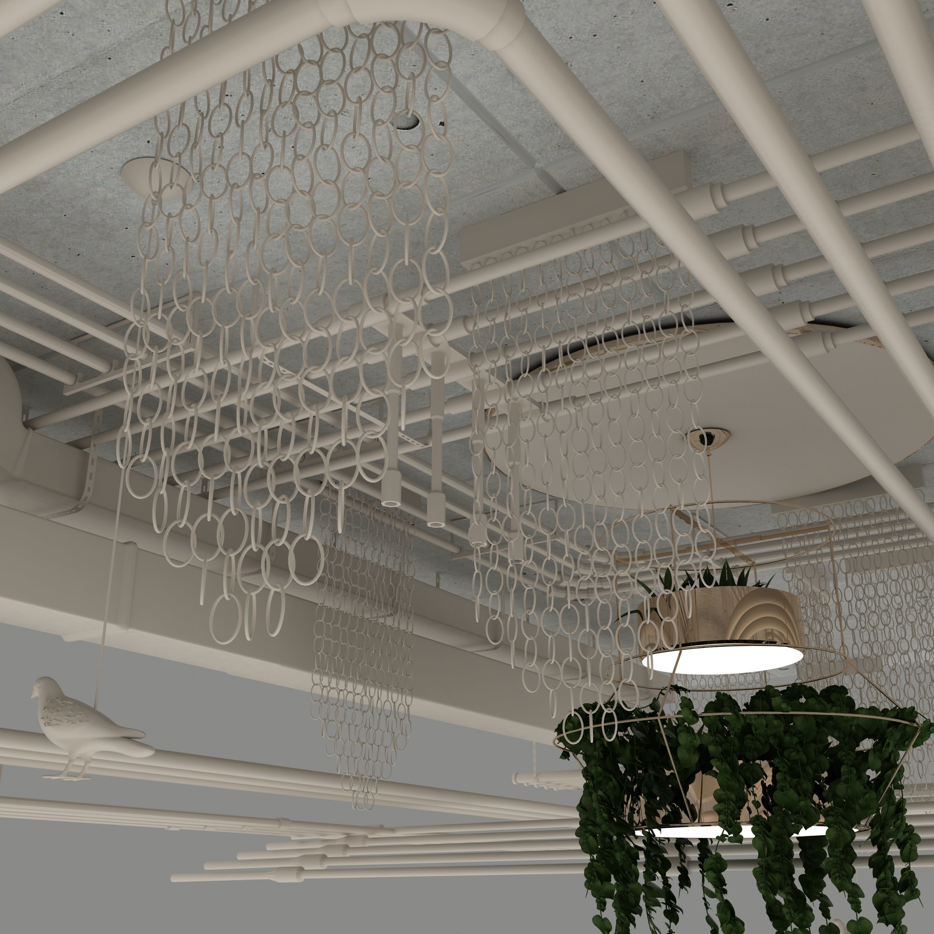 Pipes industrial ceiling with plants chandelier 3D model | CGTrader