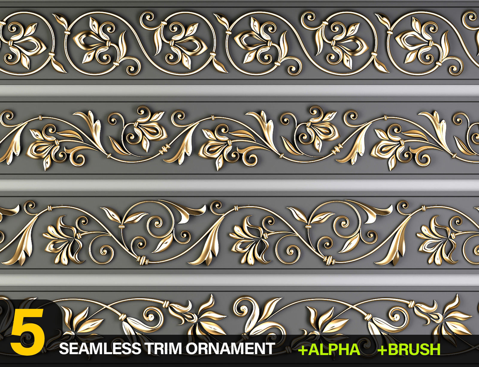 5 Decorative Seamless Trim Ornament Alpha and Brush 3D model | CGTrader