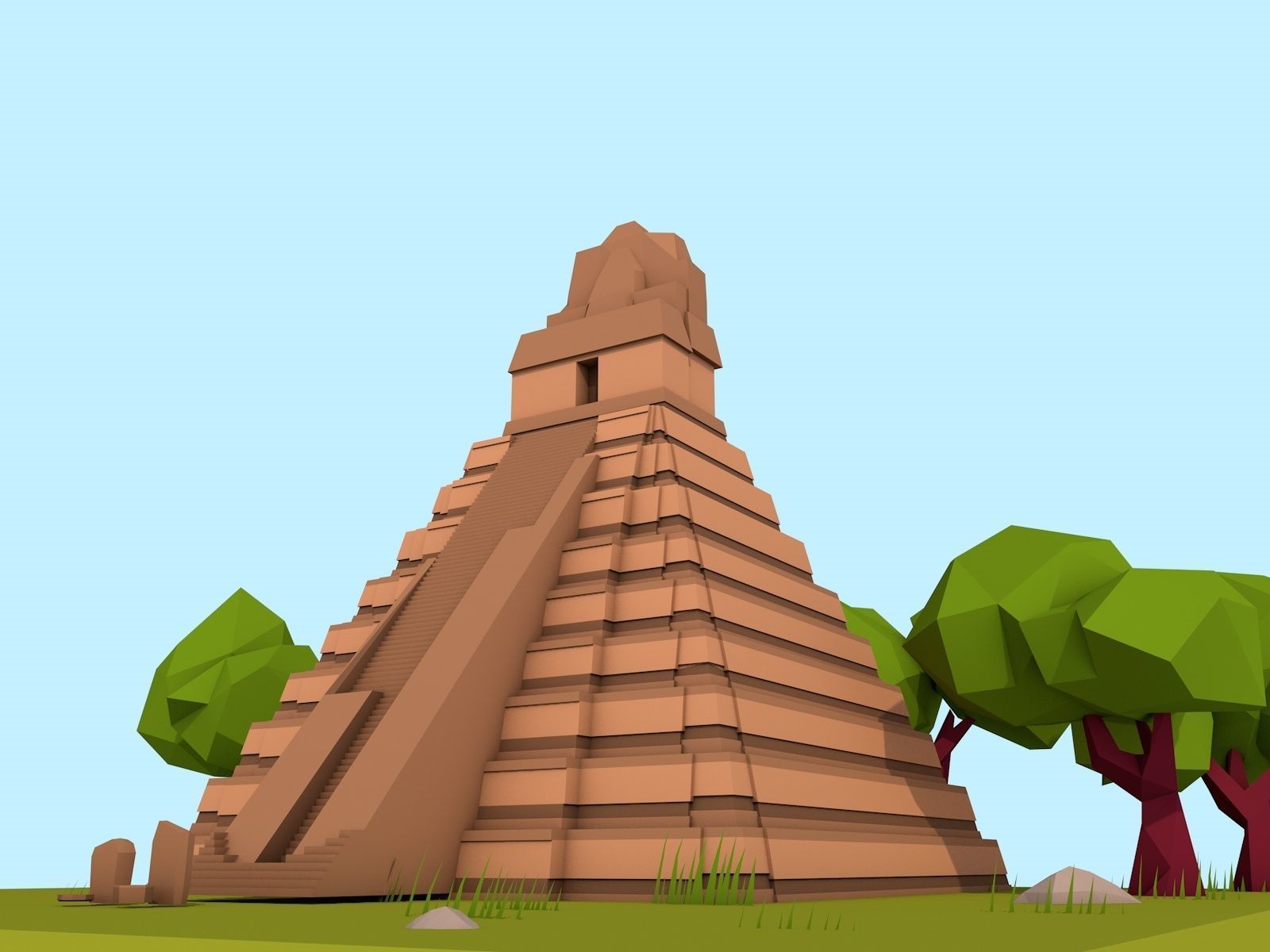 3D model Cartoon Low Poly The Great Jaguar Tikal Temple VR / AR / low ...