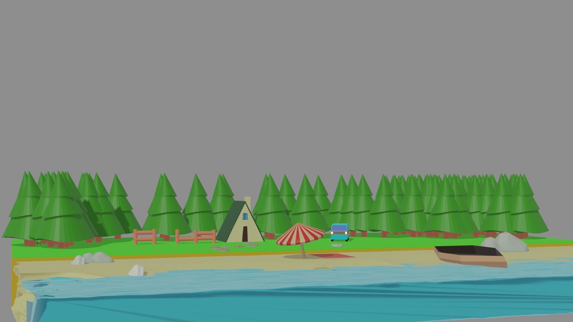 3D model low poly beach island with trees and canoe VR / AR / low-poly ...