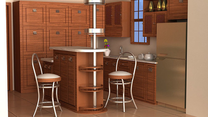 Kitchen with wooden cabinets and bar stools 3D model | CGTrader