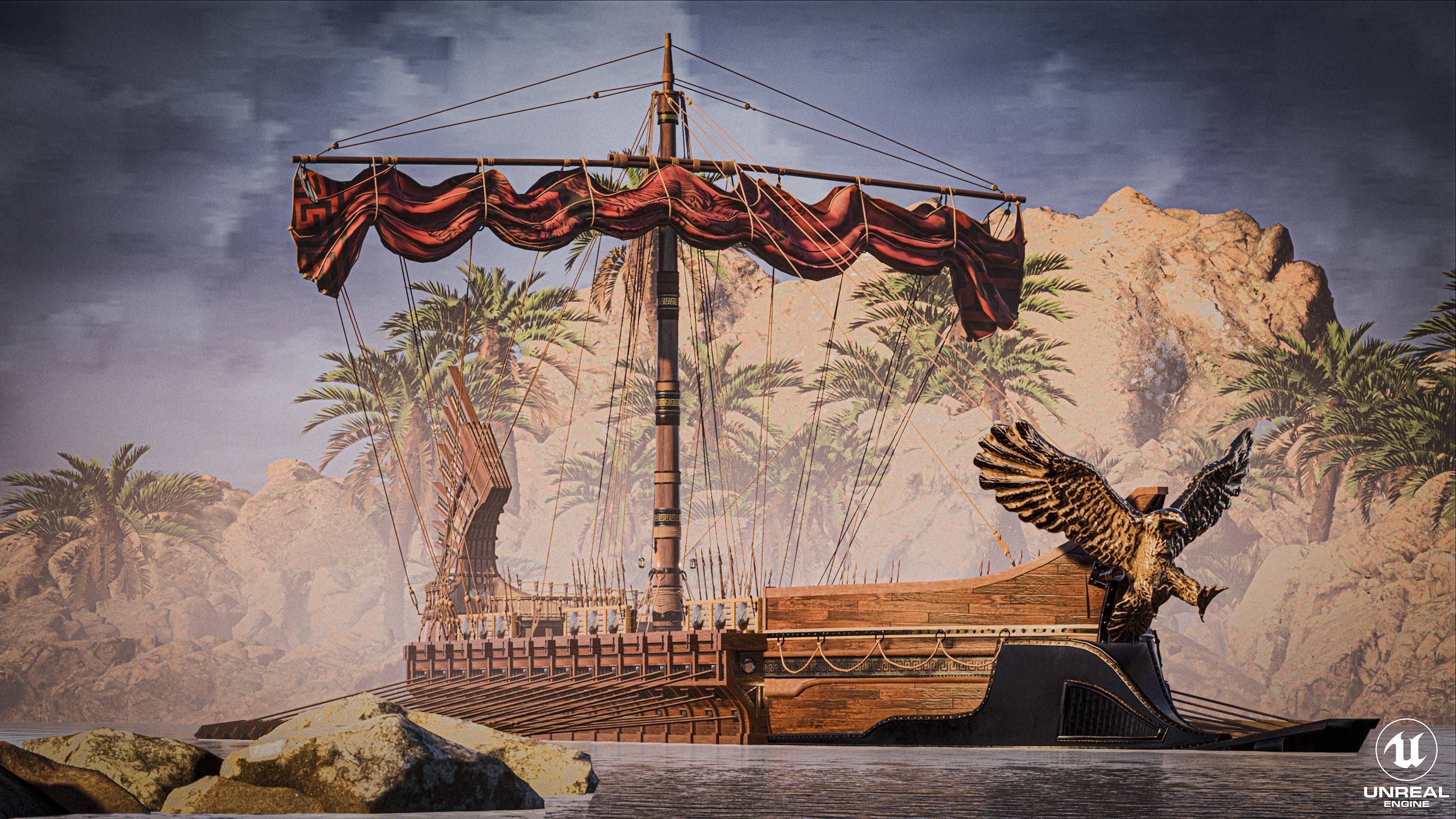 3D model High Quality Antique Trireme Ship with interior VR / AR / low ...