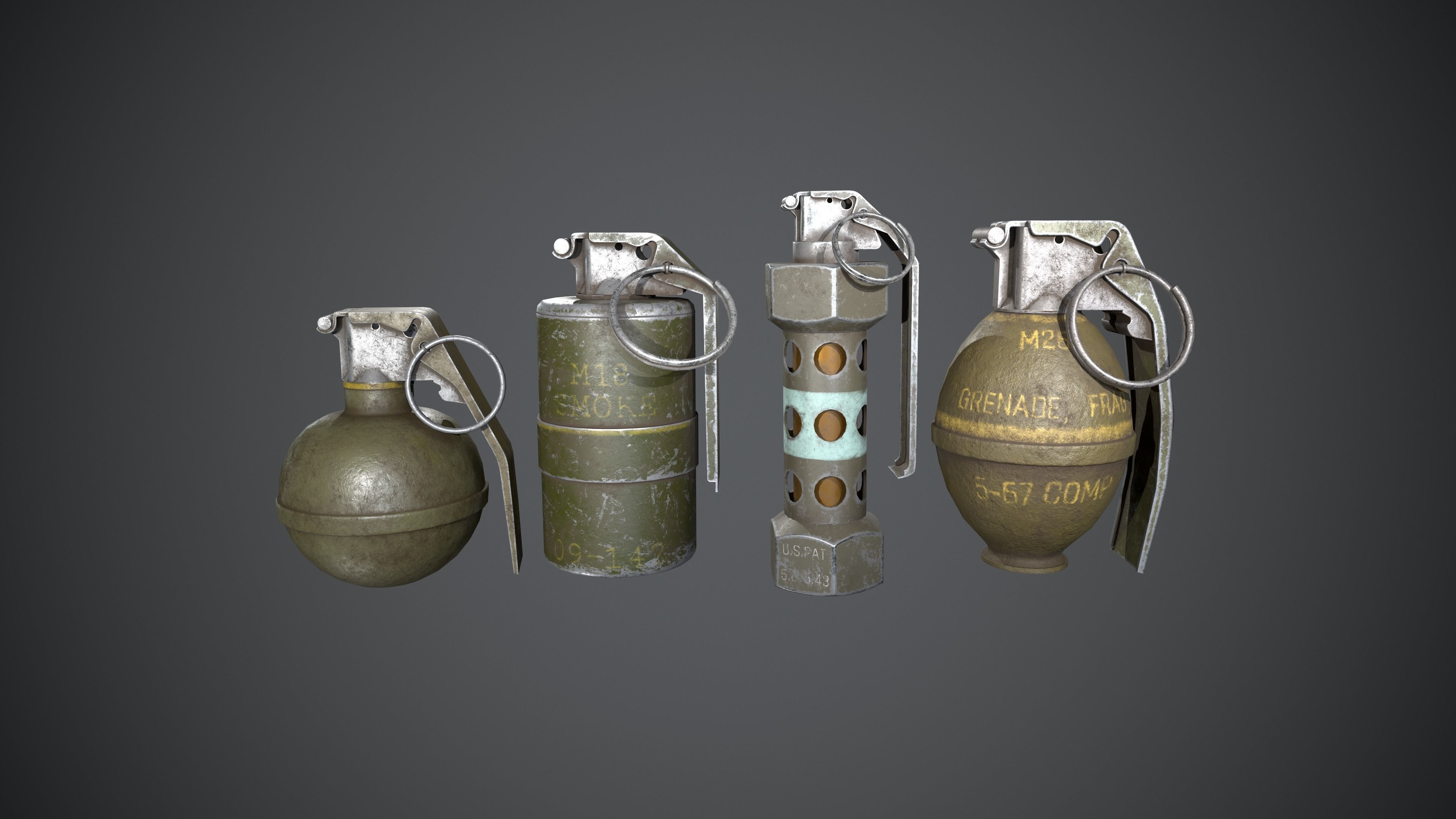 PACK OF GRENADES M84 M62 M67 M18 GRENADE PACK 3D model