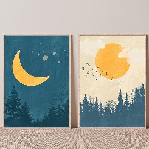 Set of 2 Day and Night print Sun and Moon Wall Art 3D model 3D ...