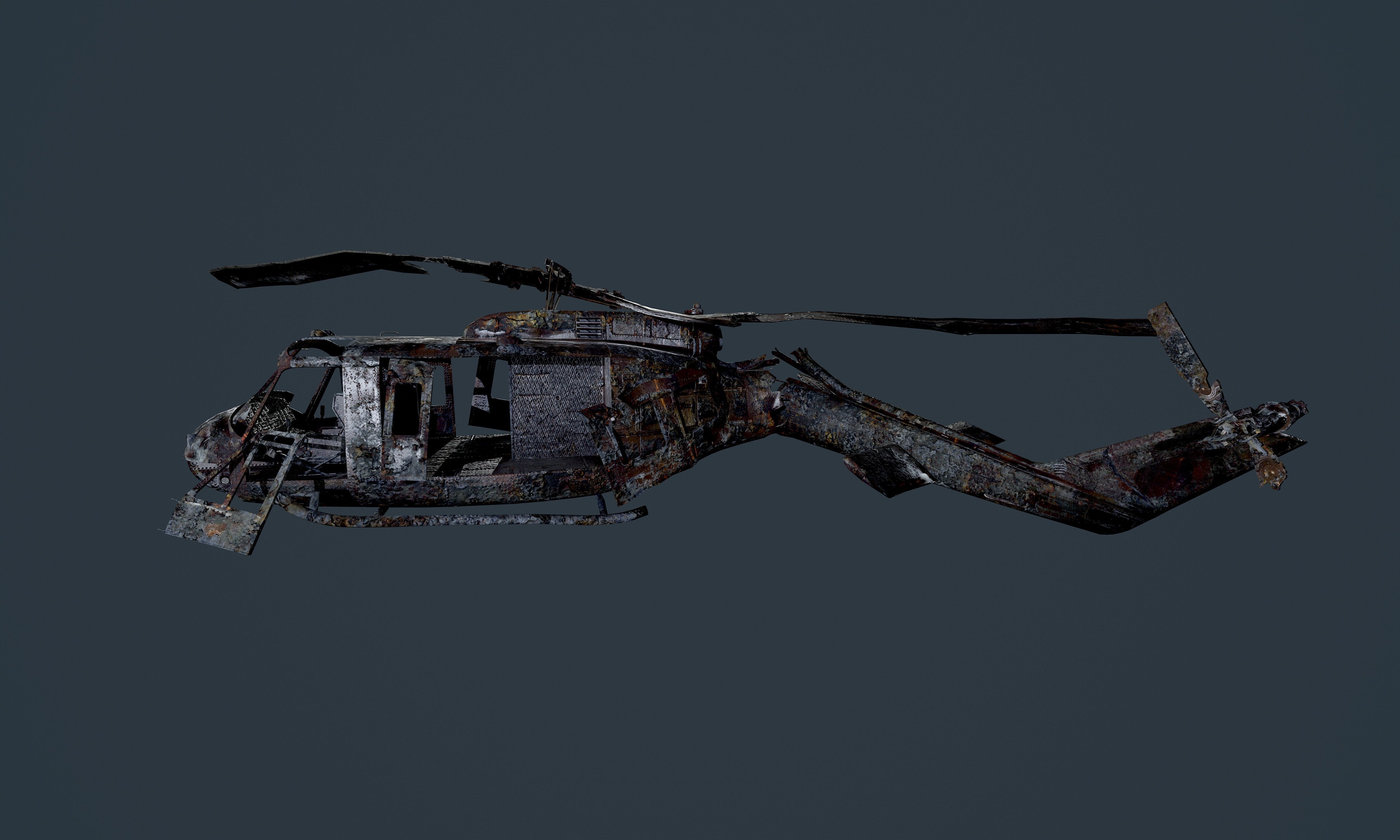 3D model Wrecked Damaged UH1H Military Helicopter Game Ready 04 VR / AR ...