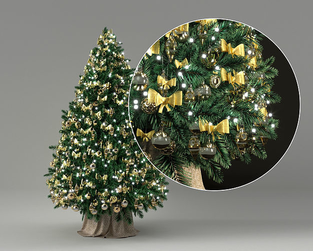 Christmas tree with gold toys and garland 3D model | CGTrader