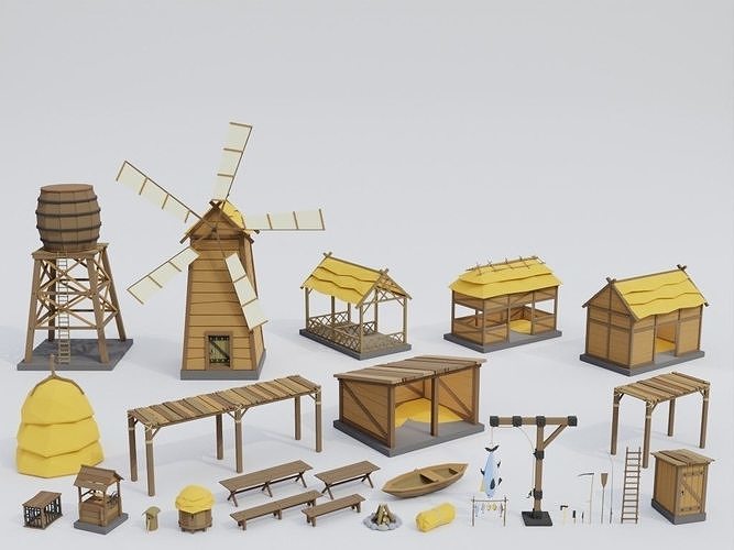 3D model Low poly outbuildings and props set VR / AR / low-poly | CGTrader