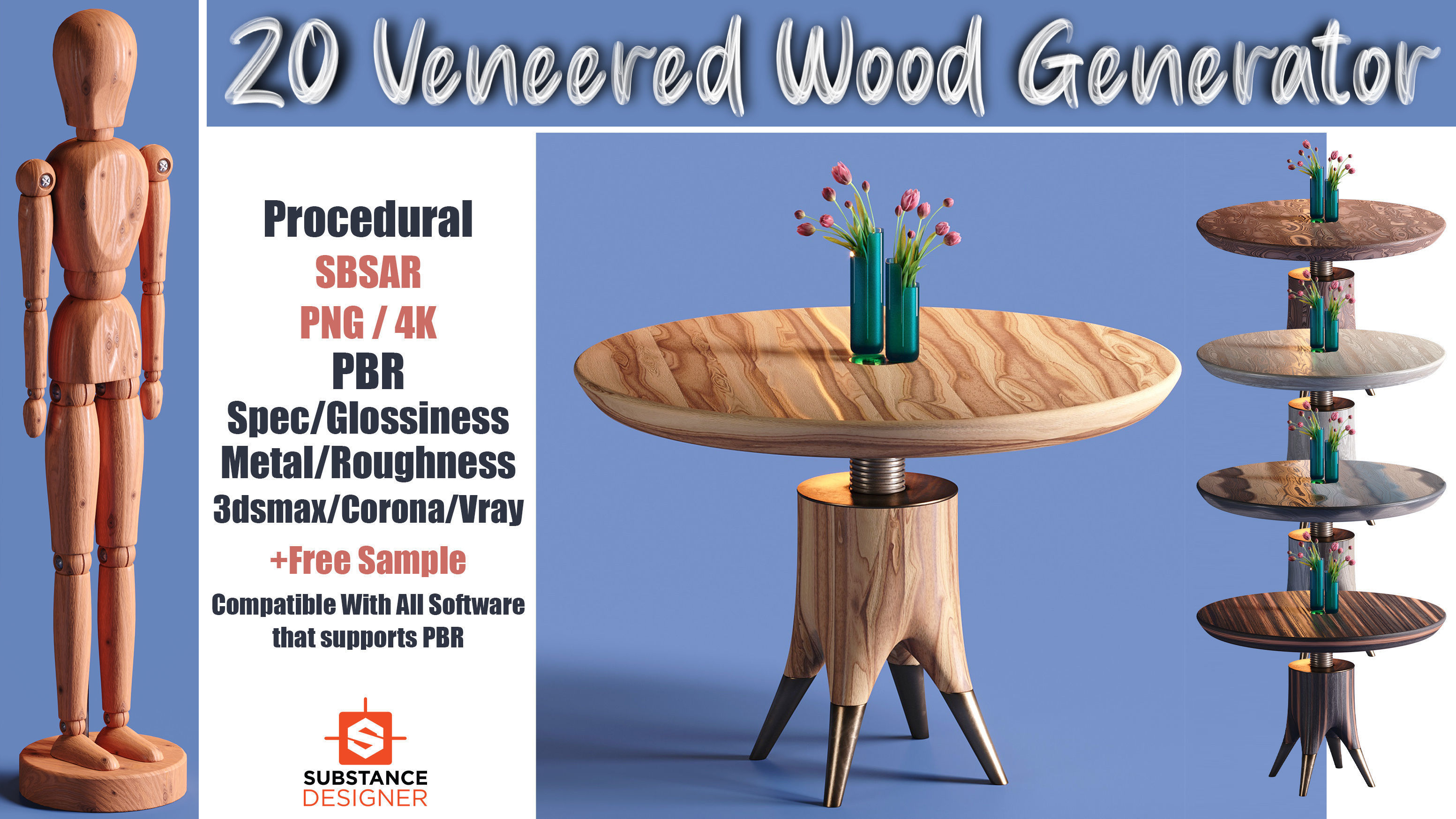 Texture 20 Veneered Wood Materials - SBSAR - PBR Maps - 4K VR / AR ...