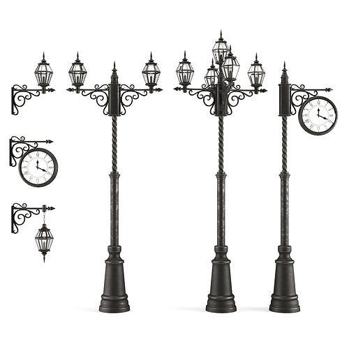 3d model set of old street lamps and clocks 3D model | CGTrader
