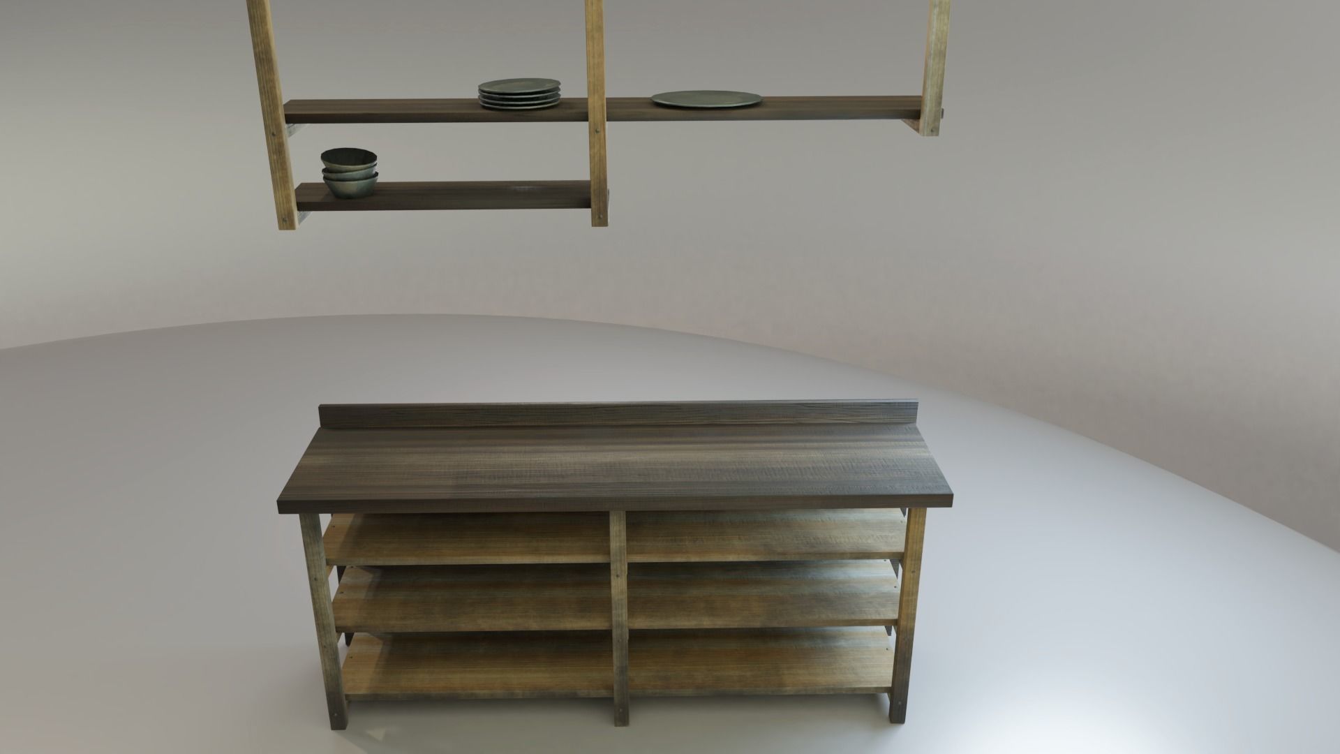 Rustic wooden kitchen counter with shelves free VR / AR / low-poly 3D ...