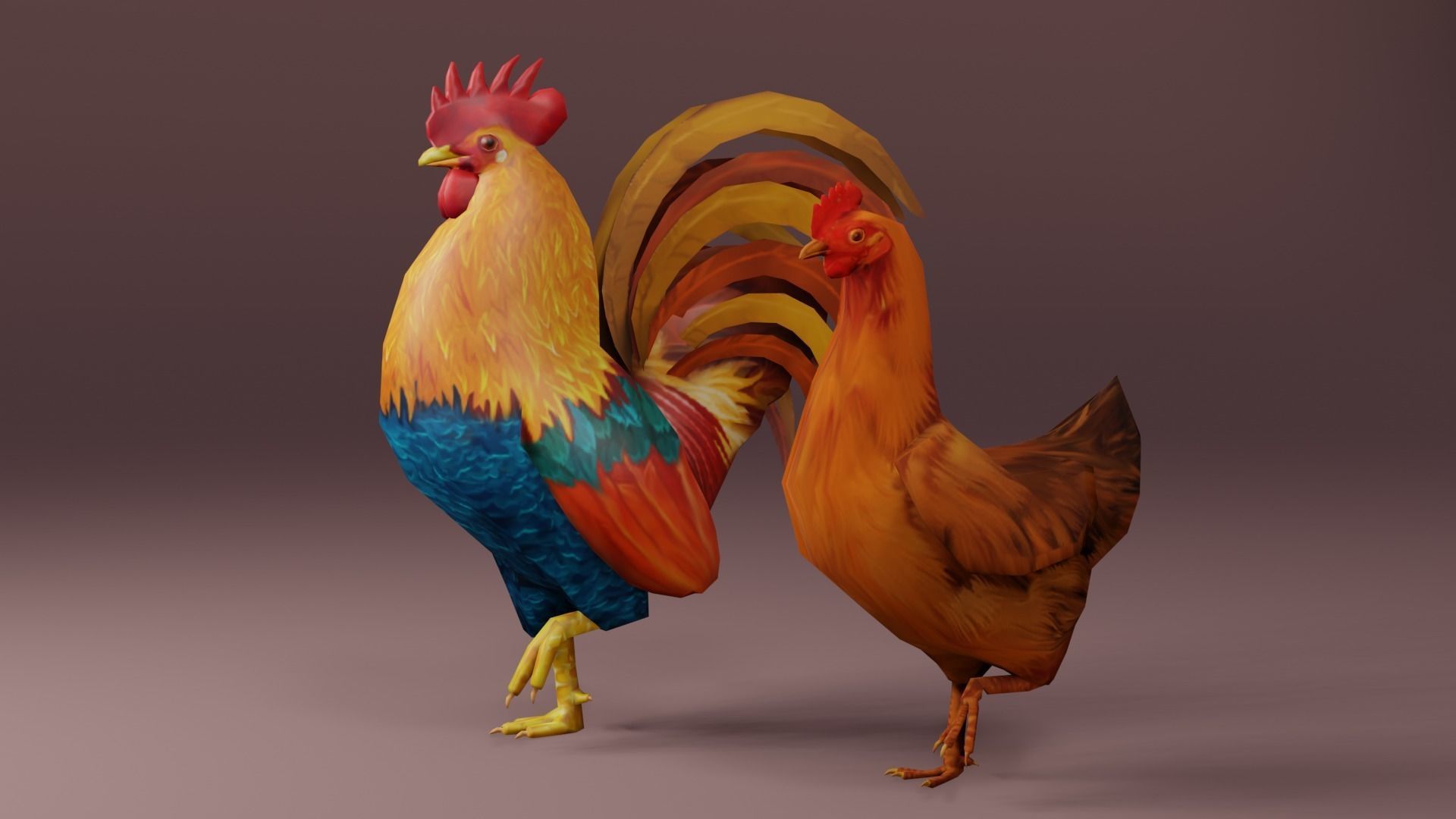 3D model Low Poly Rooster and Hen Rigged 3D models VR / AR / low-poly ...