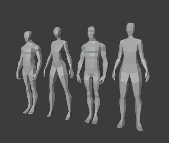 3D model 4 low poly character base meshes 2 male 2 female VR / AR / low ...