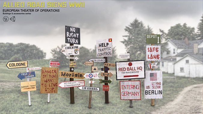 3D model Allied road signs WWII European theater of operations VR / AR ...