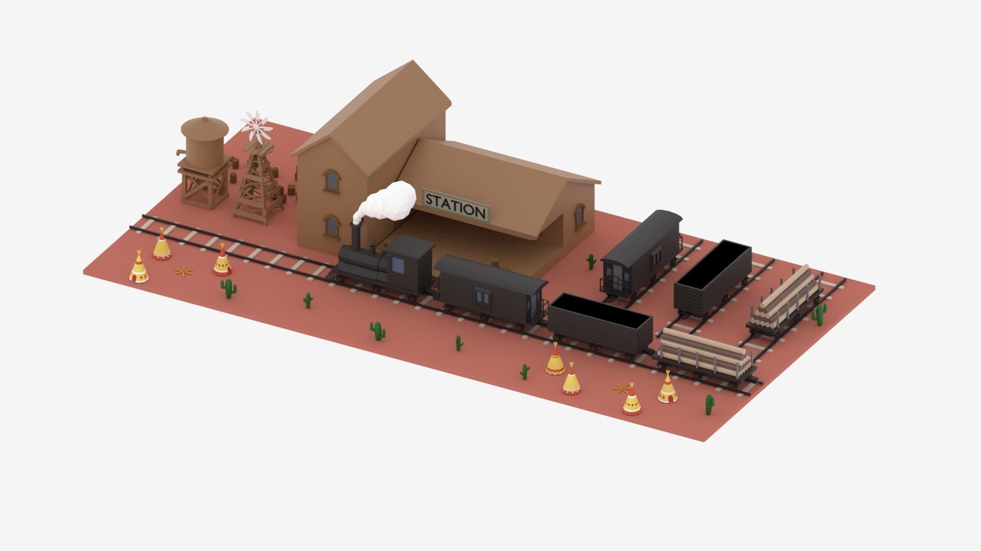 3D model Old Wild West Train and Staion VR / AR / low-poly | CGTrader