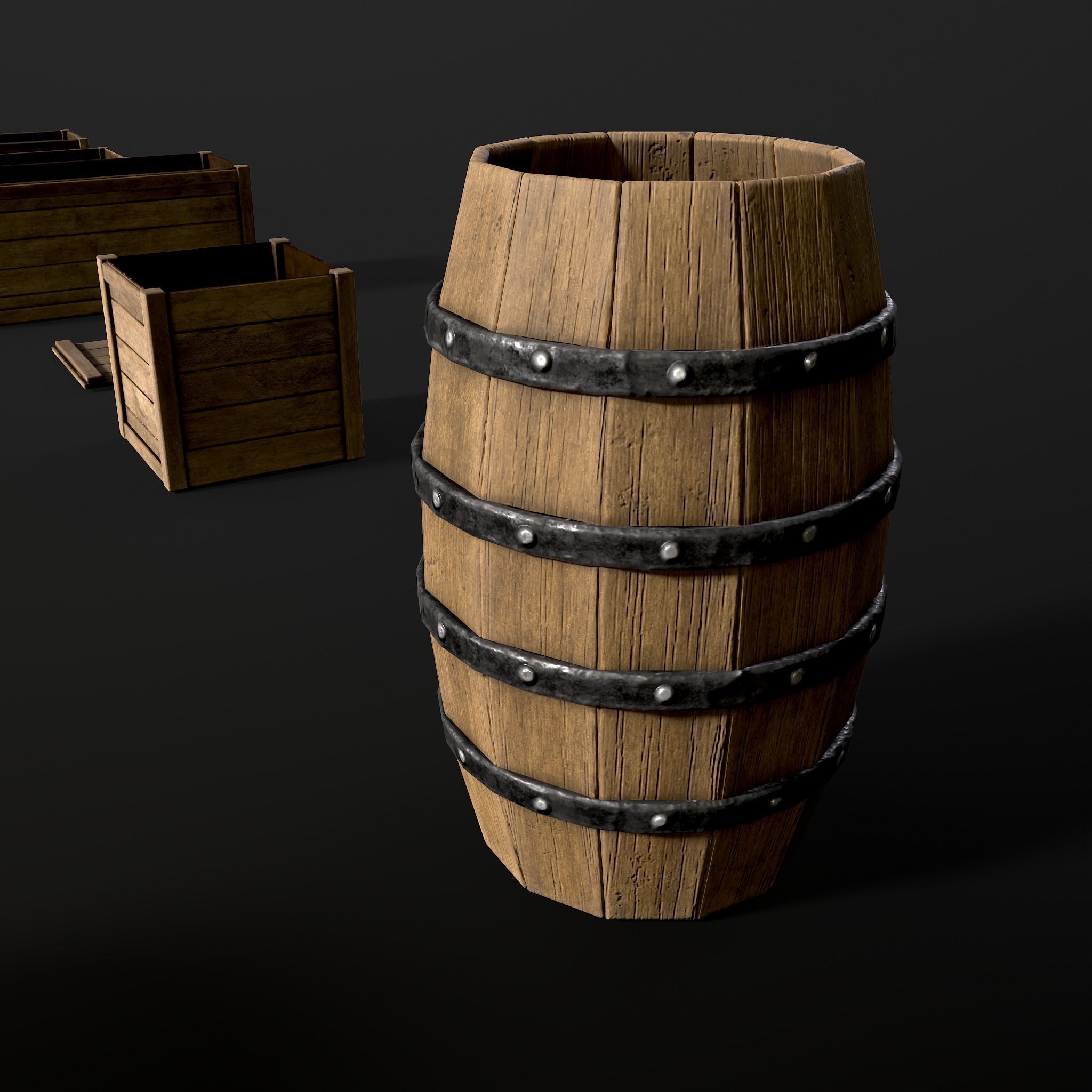 3D model Medieval containers barrels crates and buckets VR / AR / low ...