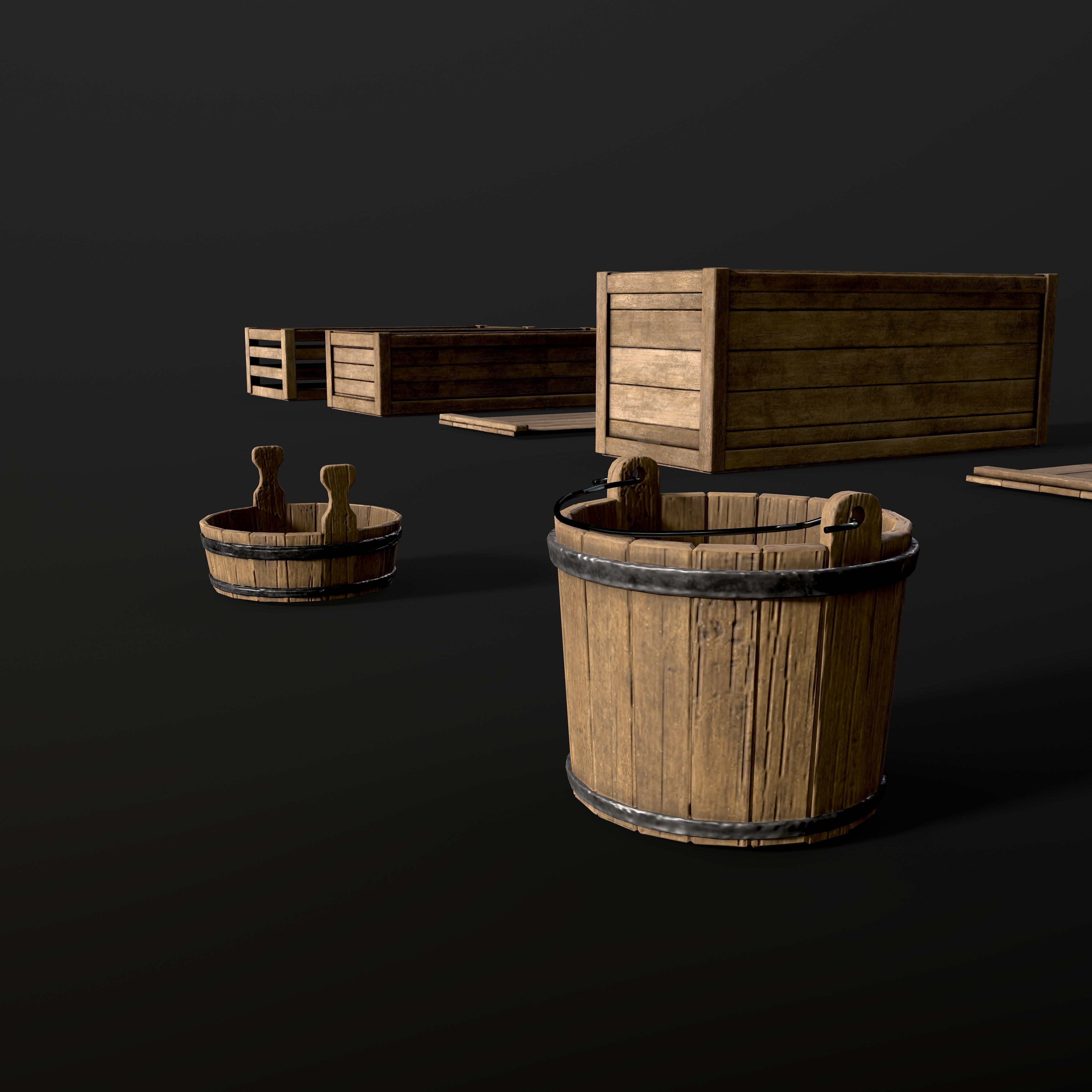 3D model Medieval containers barrels crates and buckets VR / AR / low ...