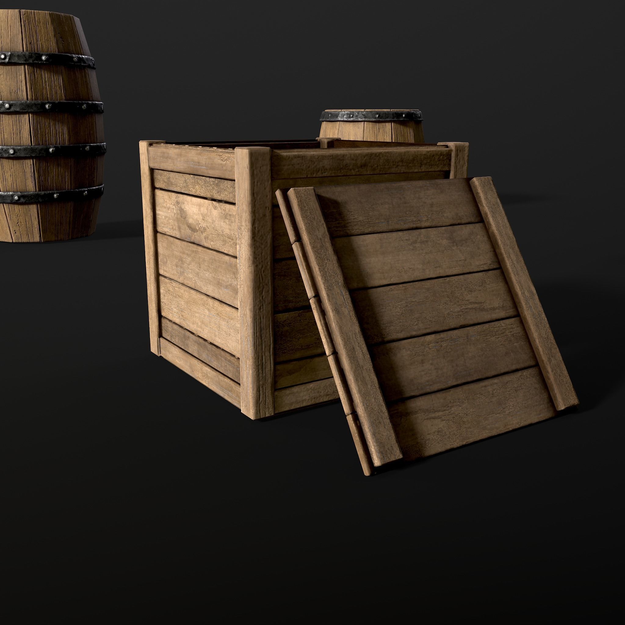 3D model Medieval containers barrels crates and buckets VR / AR / low ...