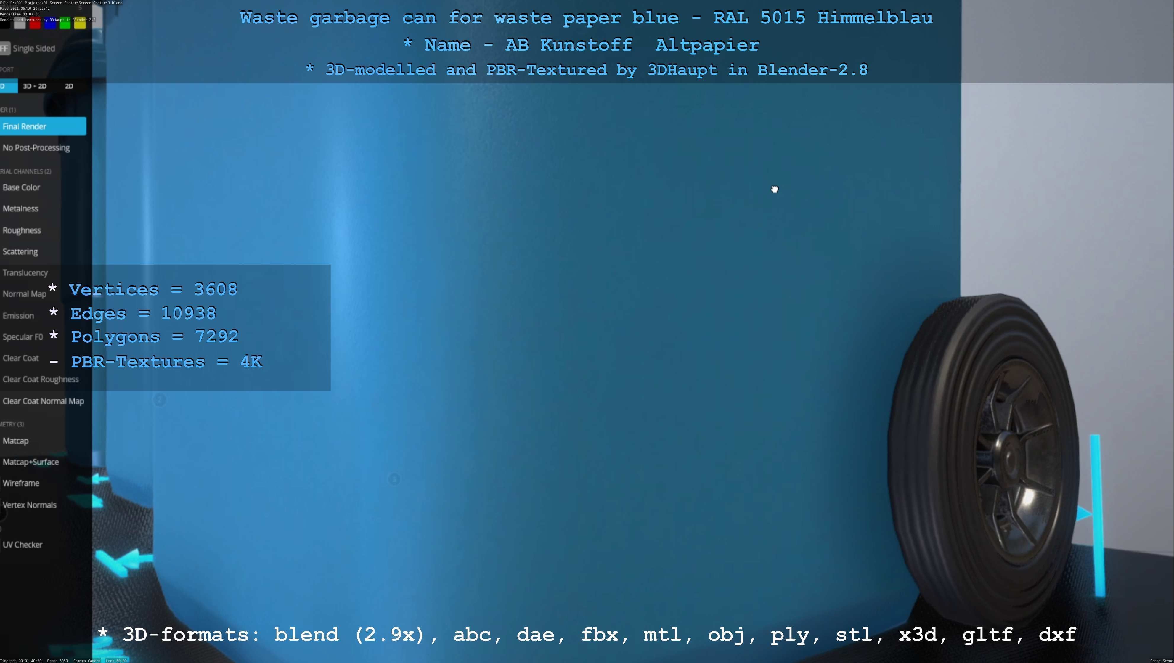 3D model Waste garbage can for waste paper blue - RAL 5015 Himmelblau ...