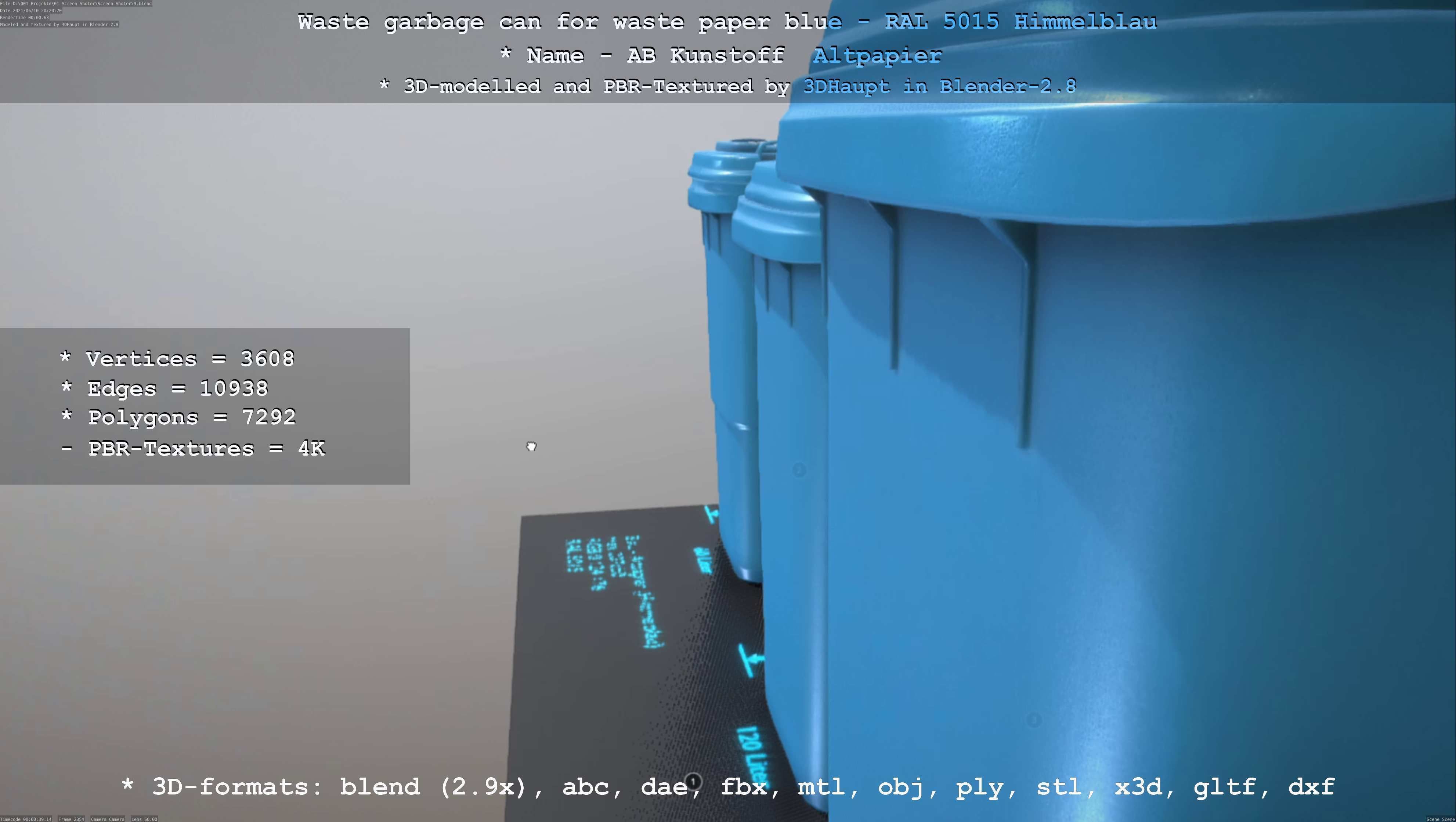 3D model Waste garbage can for waste paper blue - RAL 5015 Himmelblau ...