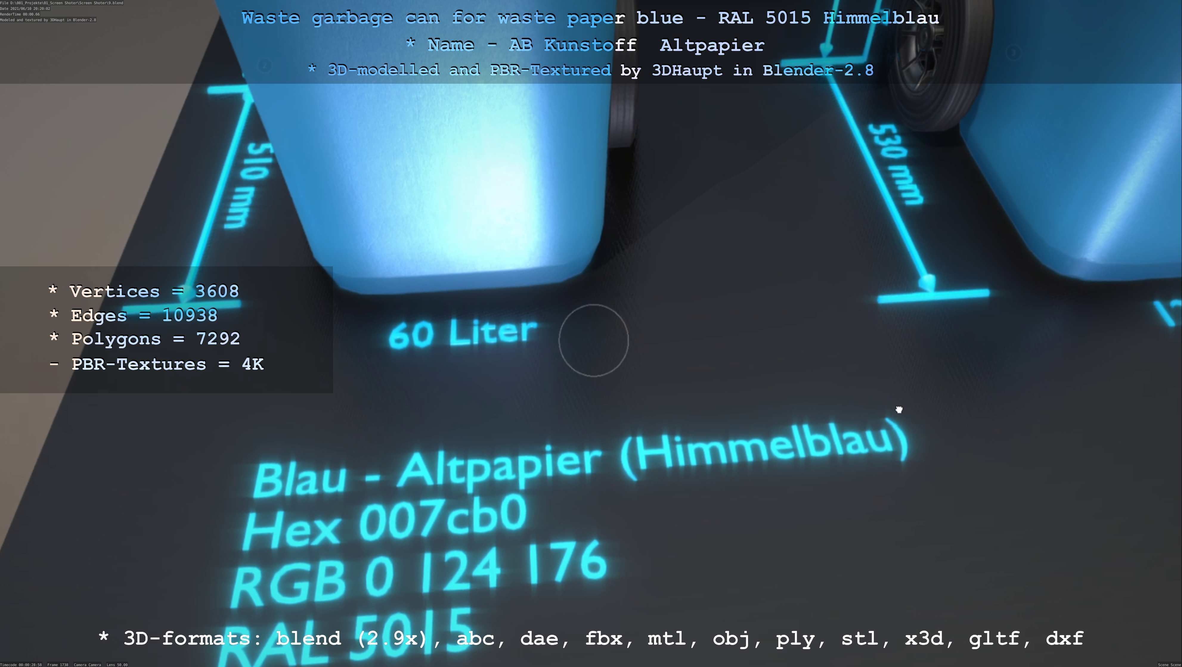 3D model Waste garbage can for waste paper blue - RAL 5015 Himmelblau ...